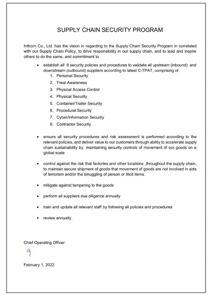 SUPPLY CHAIN SECURITY PROGRAM SUPPLY CHAIN SECURITY PROGRAM
